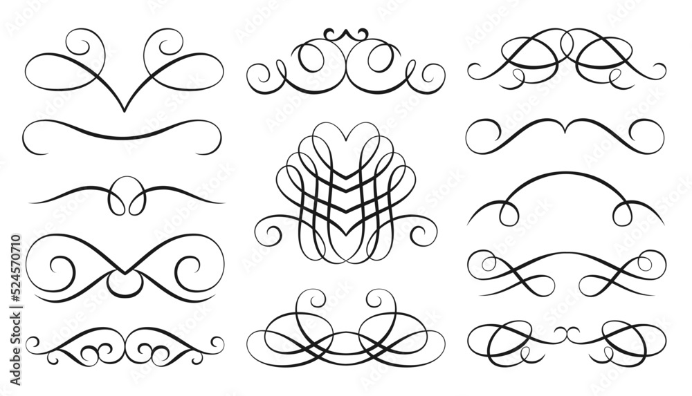 Swirl retro ornament linear set. Vintage flourish ornate border ...