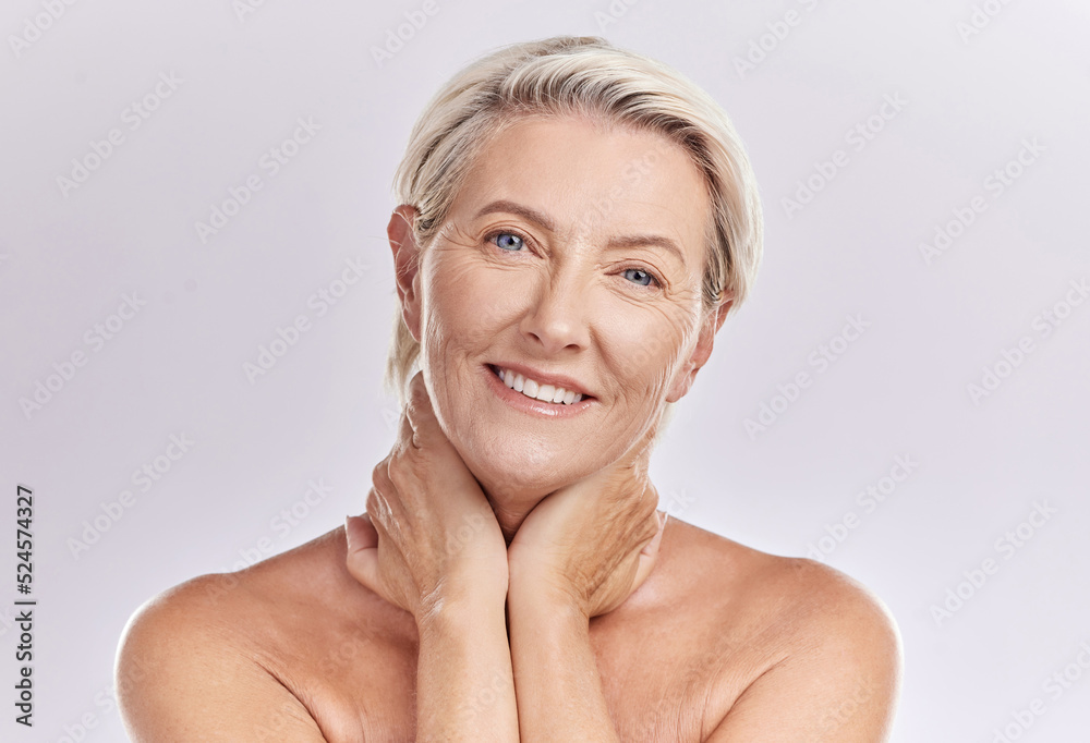 Skincare, smile and mature happy woman in beauty, face and health in a ...
