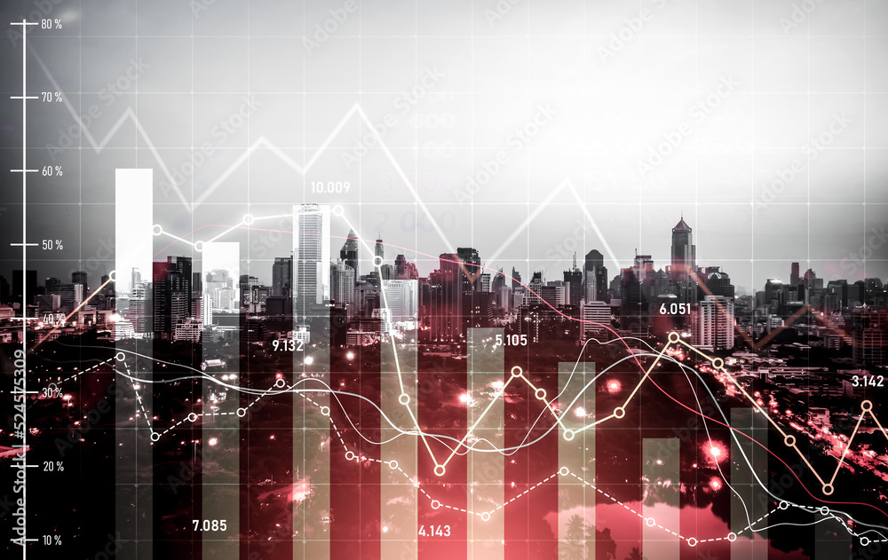 Economic crisis concept shown by digital indicators and graphs falling ...