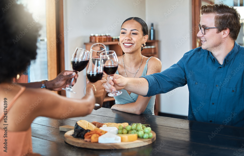Friends, fun and celebration with diverse group toasting with red wine ...