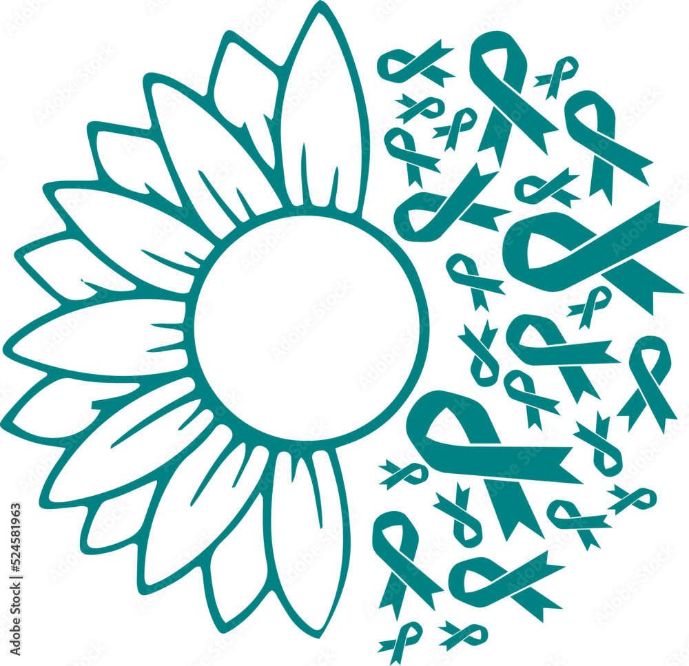 Sunflower Ovarian Cancer Teal Ribbon Vector Epsovarian Cancer Awareness Vector Eps Cricut