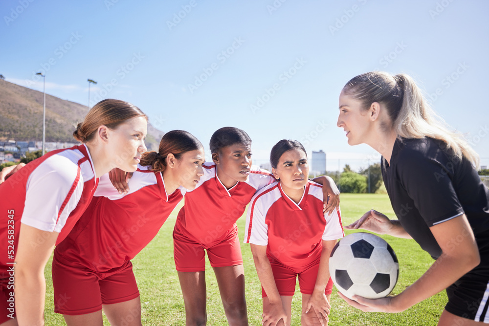 Sports, soccer players and football coach giving women motivation to ...