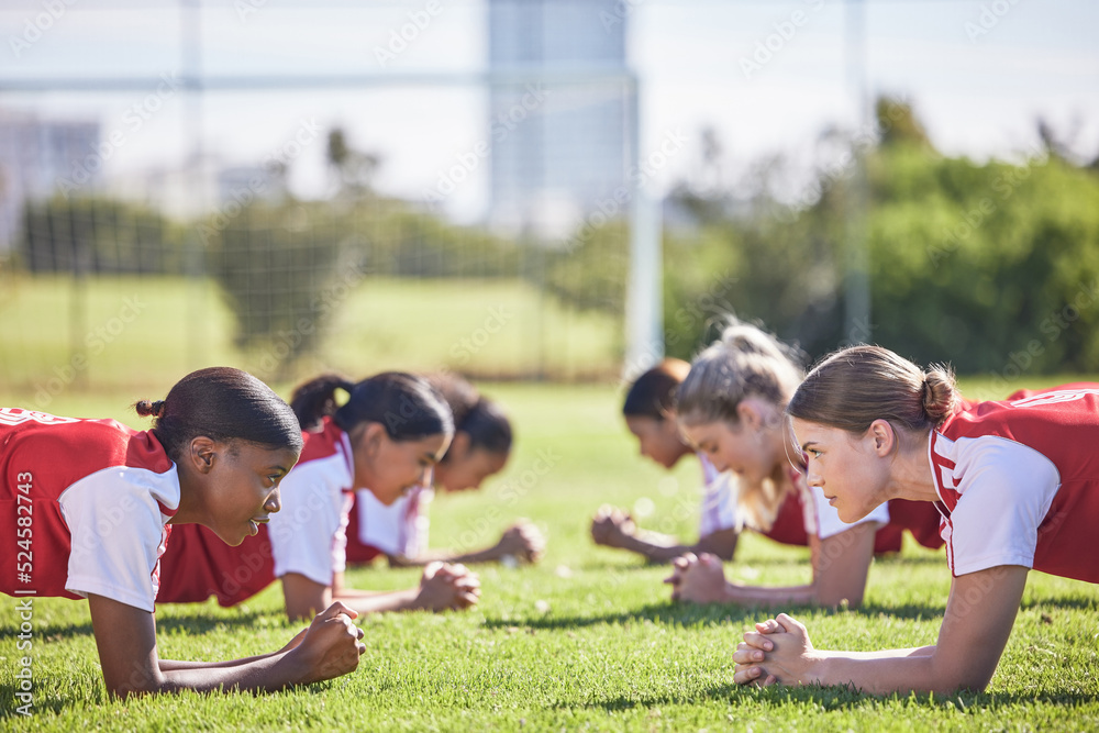 Football, soccer and plank exercise drill of girls training team ...