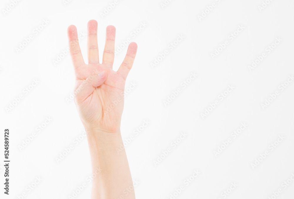 male hand shows four fingers. Gesture. caucasian arm. Mock up. Copy ...
