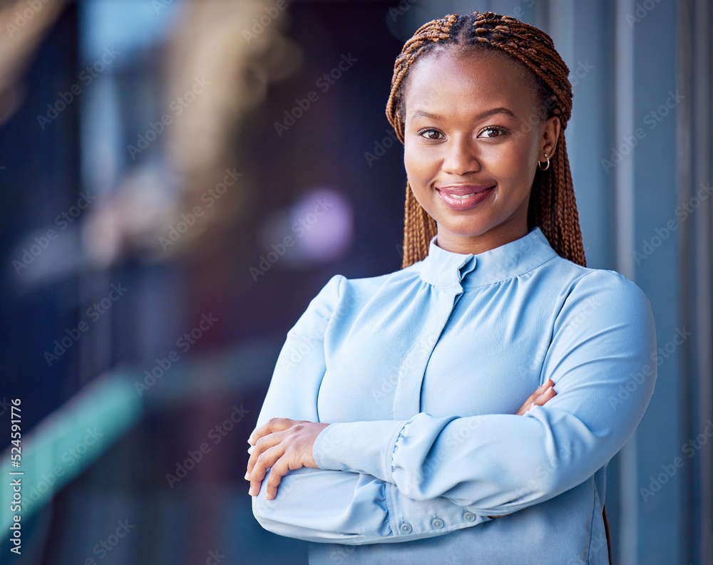 Confident, proud and satisfied business woman standing with arms ...