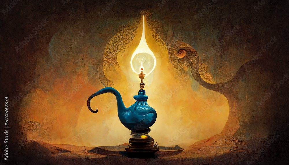 Cartoon illustration of an old oil lamp with eyes, smile and flame with ...