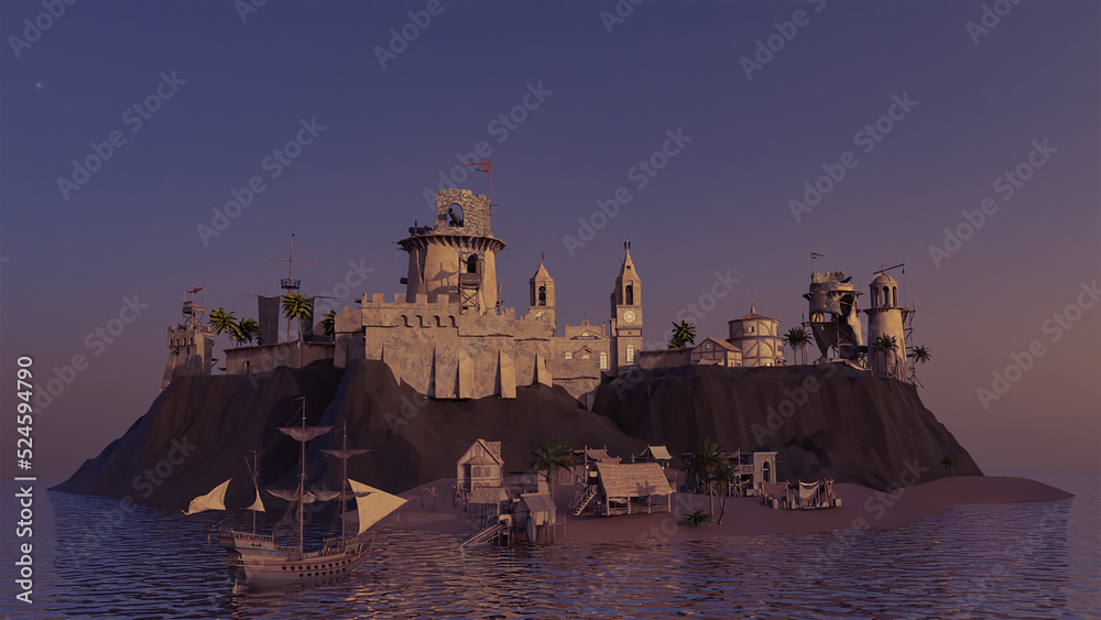 The Pirate Island with the Ship entering the harbour, 3d style, blender ...