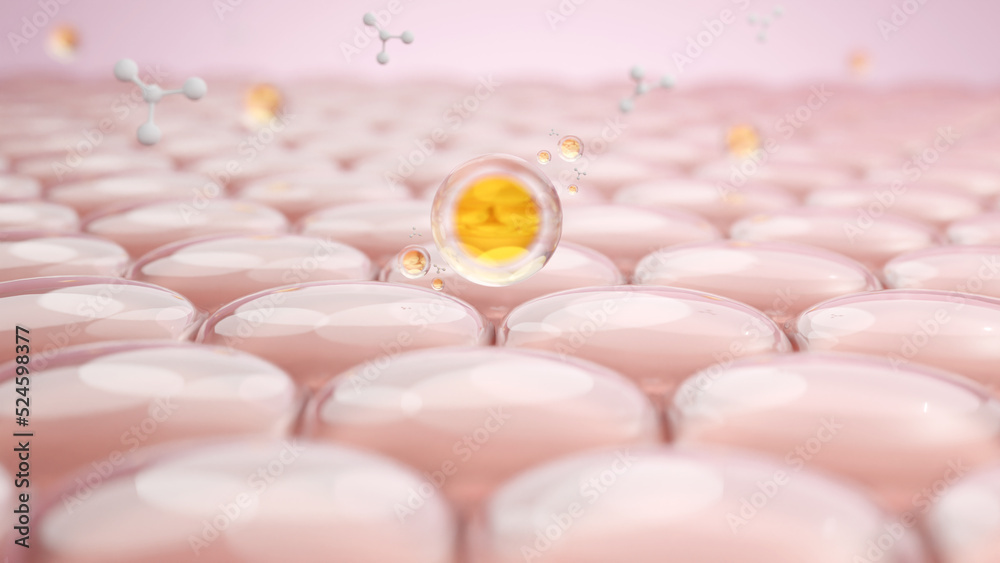 Water or Oil serum on skin cell with molecules molecules of atom for ...