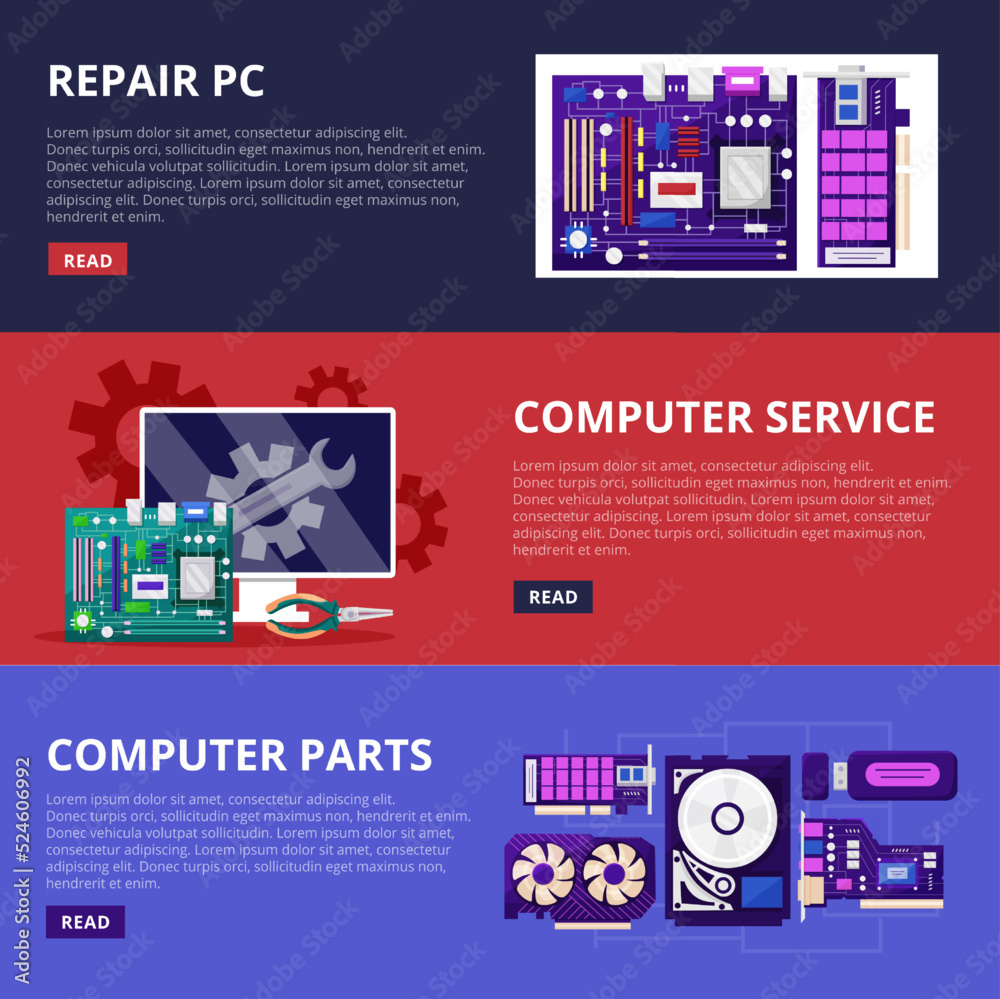 PC repair. Computer service web banners set. Hardware components ...