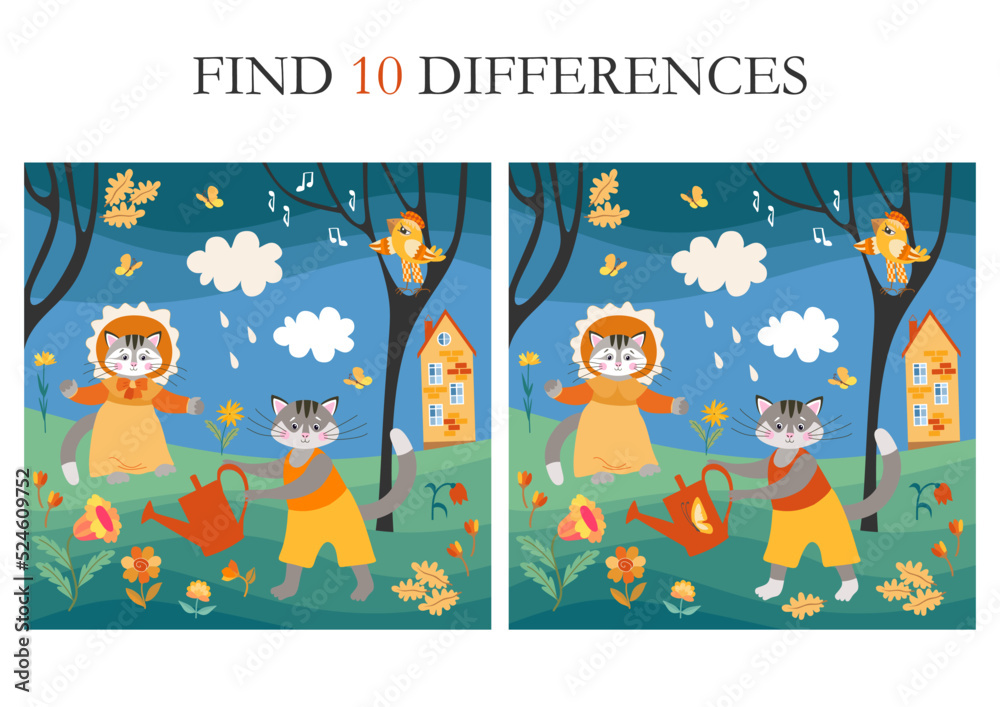 Look closely at two funny pictures of cute cartoon cats in the garden ...