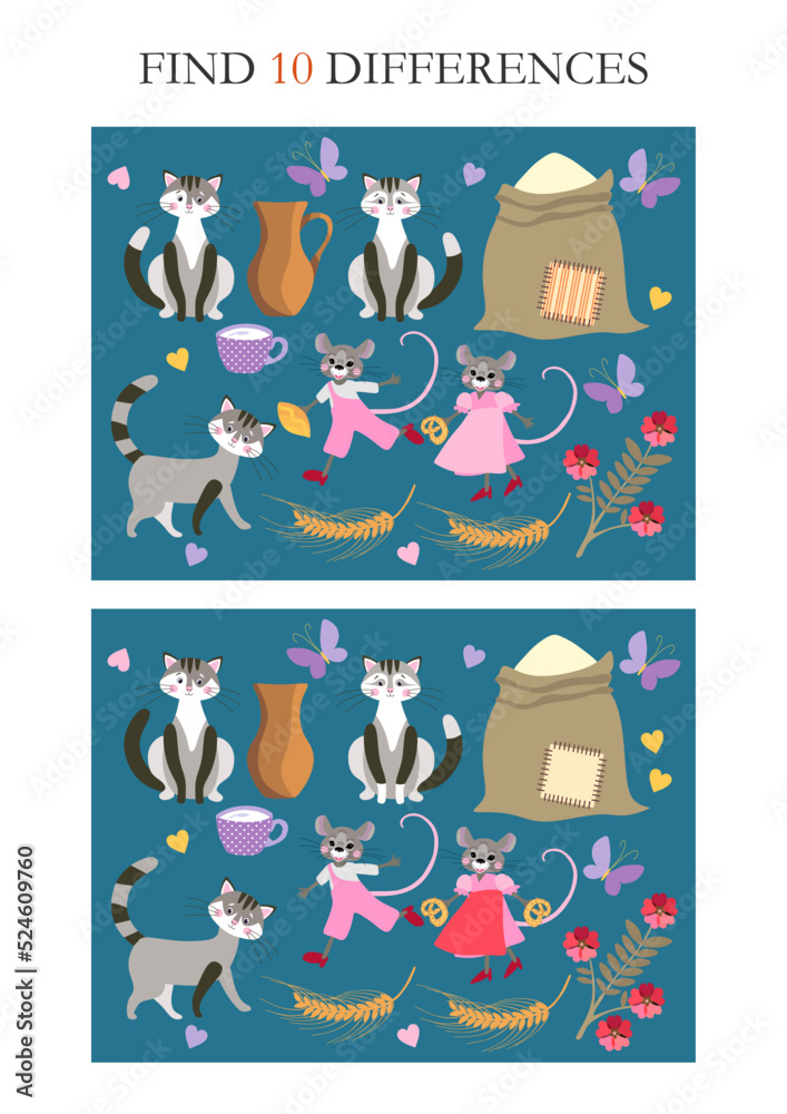 Look carefully at two funny pictures with cute cartoon cats and mice and find 10 differences ...