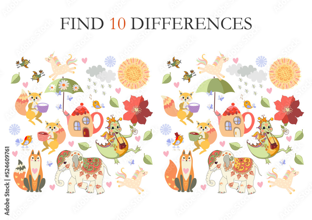 Compare two funny pictures with cute cartoon animals and find 10 ...