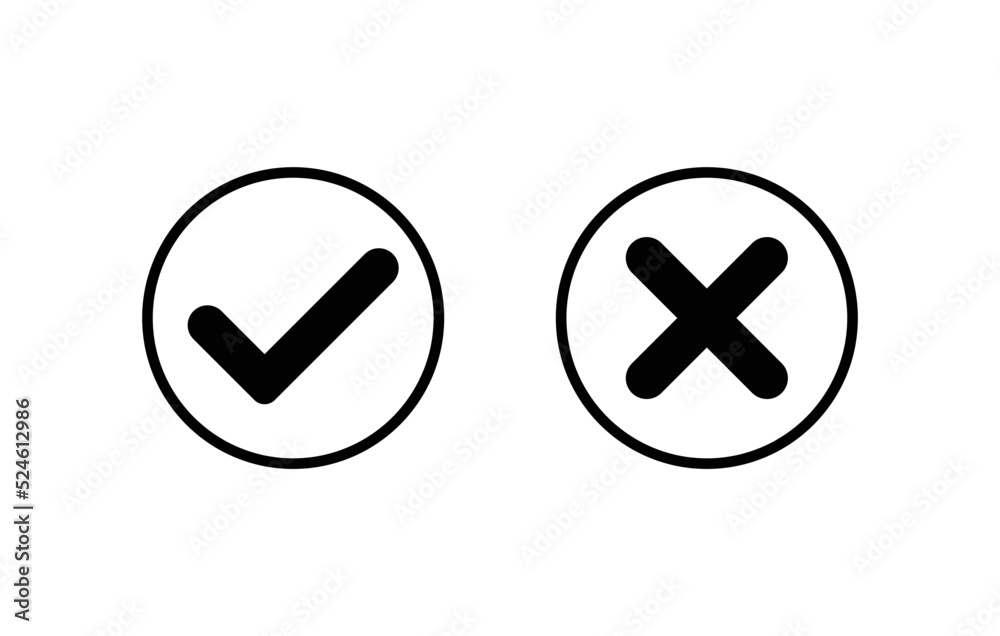 Check mark and cross or x icon in flat style on white background Stock ...