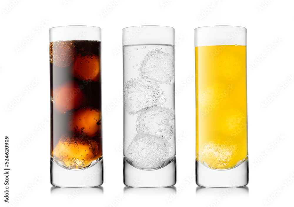 Cola orange and lemonade soda drink with ice cubes in highball glass on white background. Stock ...