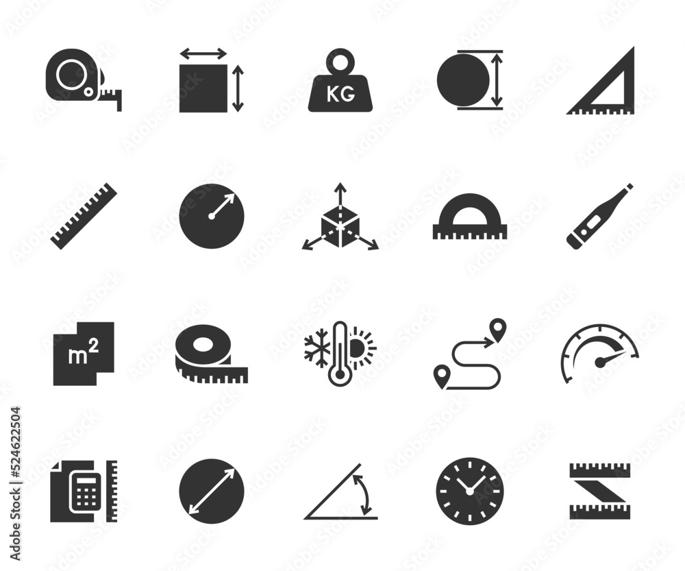 Vector set of measuring flat icons. Contains icons area, measuring tape ...
