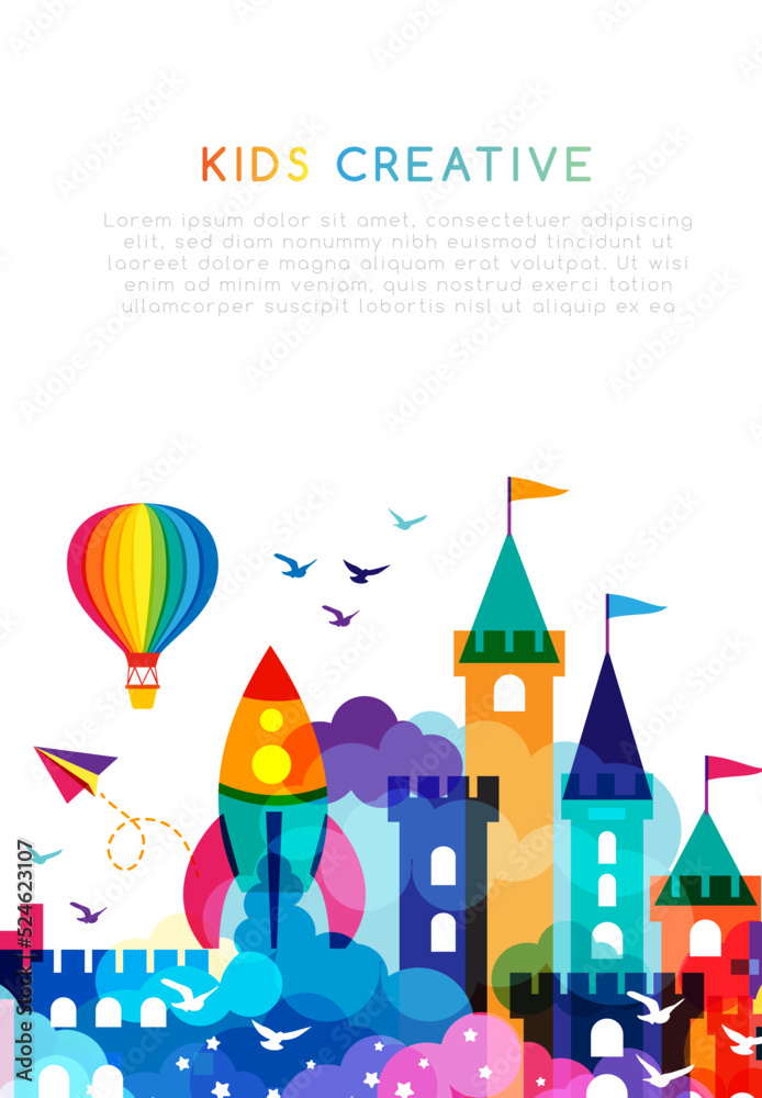 Kids imagination castle. Colorful childhood fantasy fort with rainbow ...