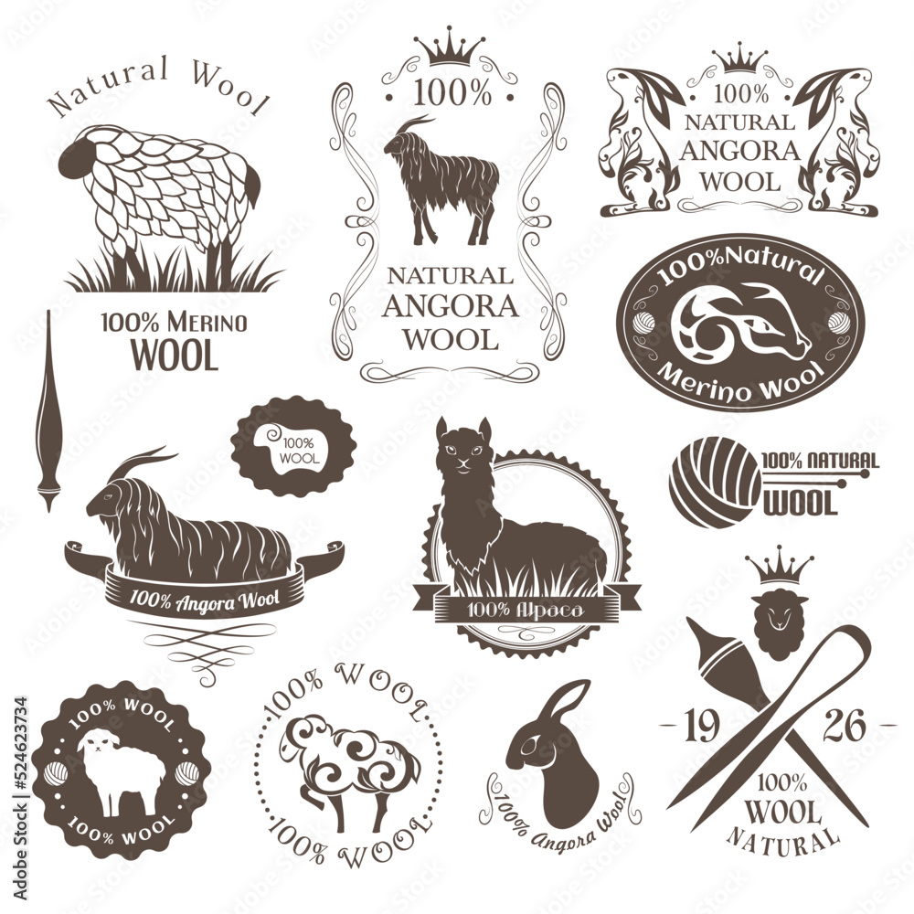 Wool labels and elements. Logo set of sheep, alpaca, rabbit and goat ...