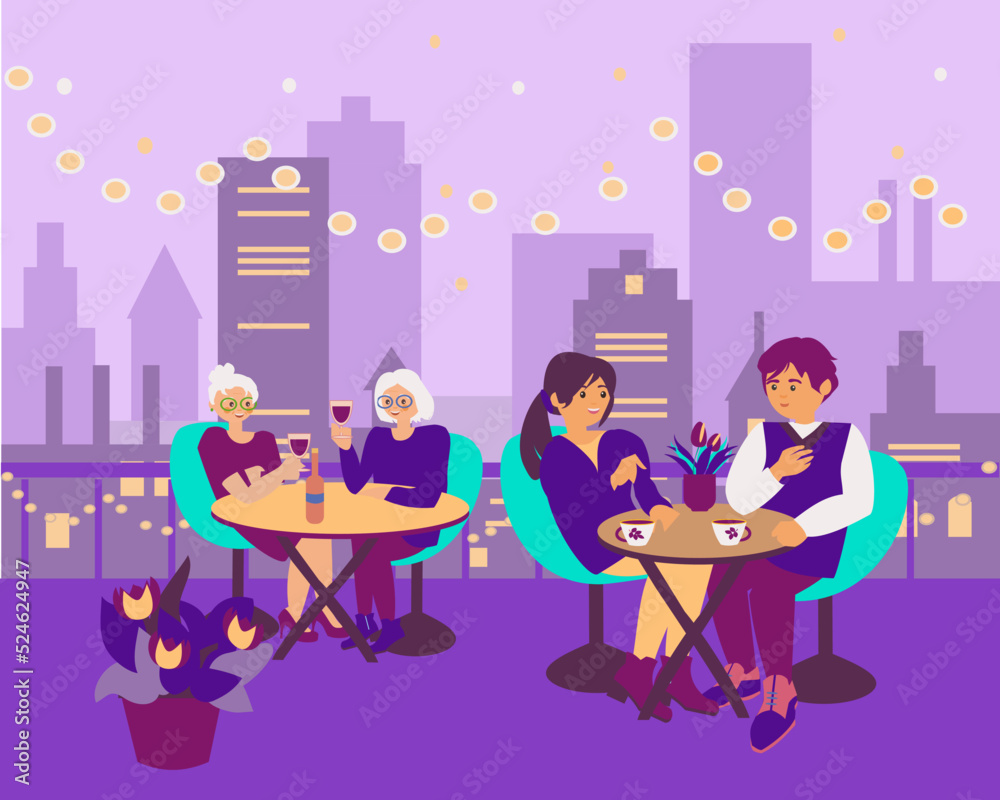 Two old women and young couple sitting at on the rooftop cafe or ...