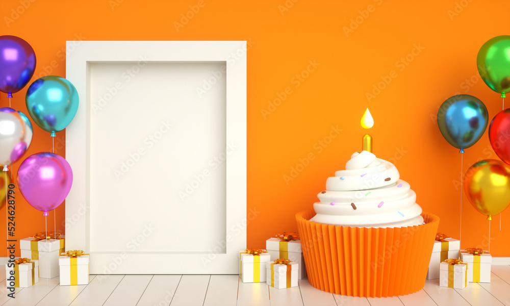 Orange golden happy birthday cake invitation card banner background ...