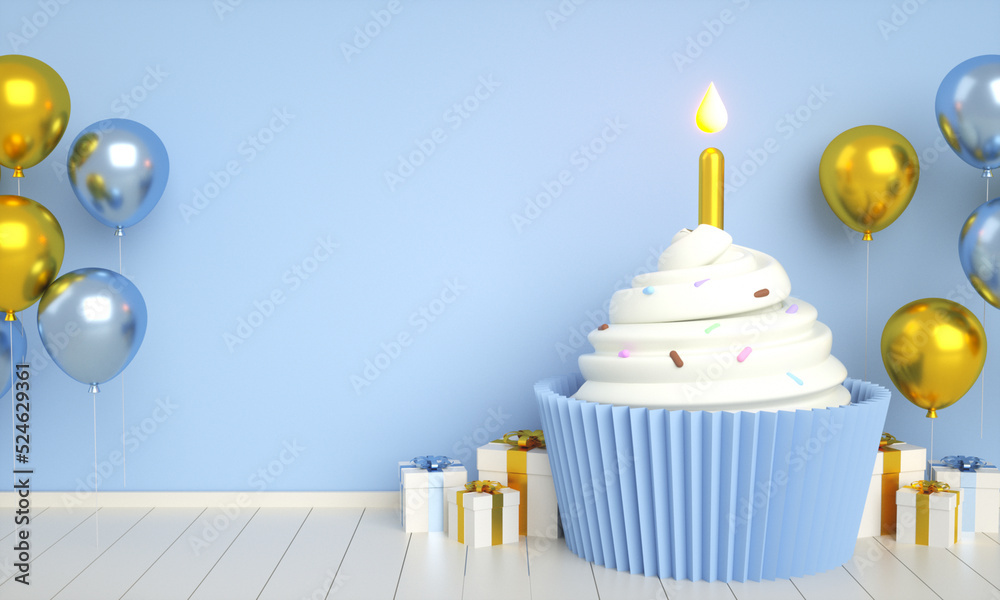 Blue golden happy birthday cake invitation card banner background with ...