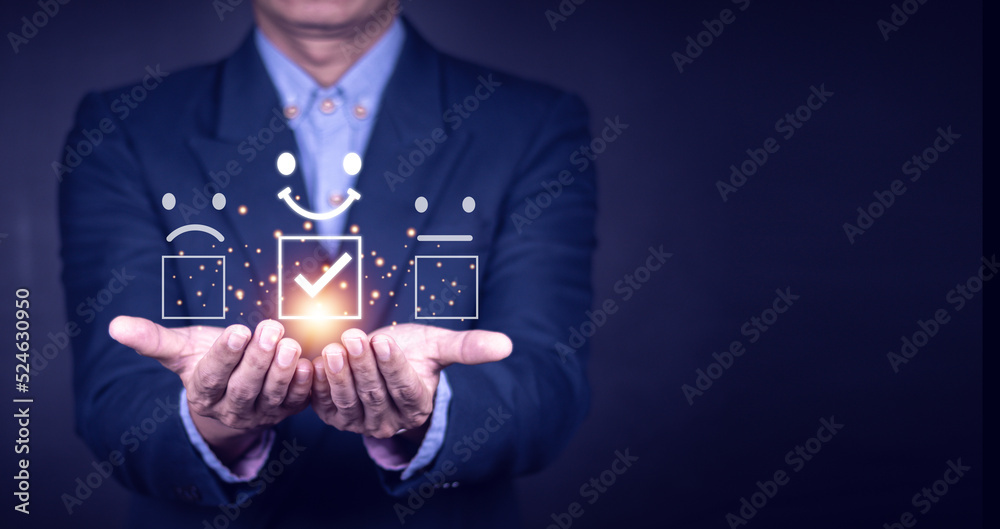 Customer service evaluation concept. smiling Asian male Is using a ...