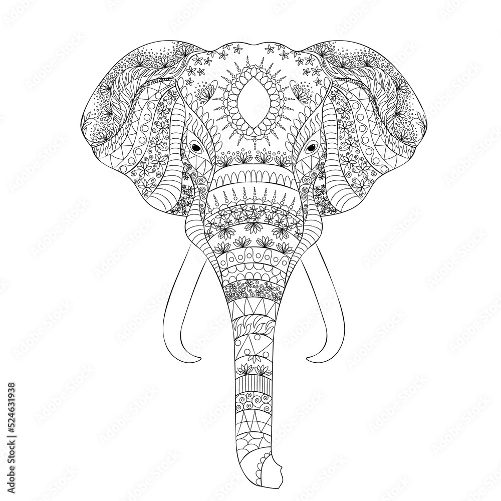 Mandala outline elephant head. Antistress coloring page. Vector ...