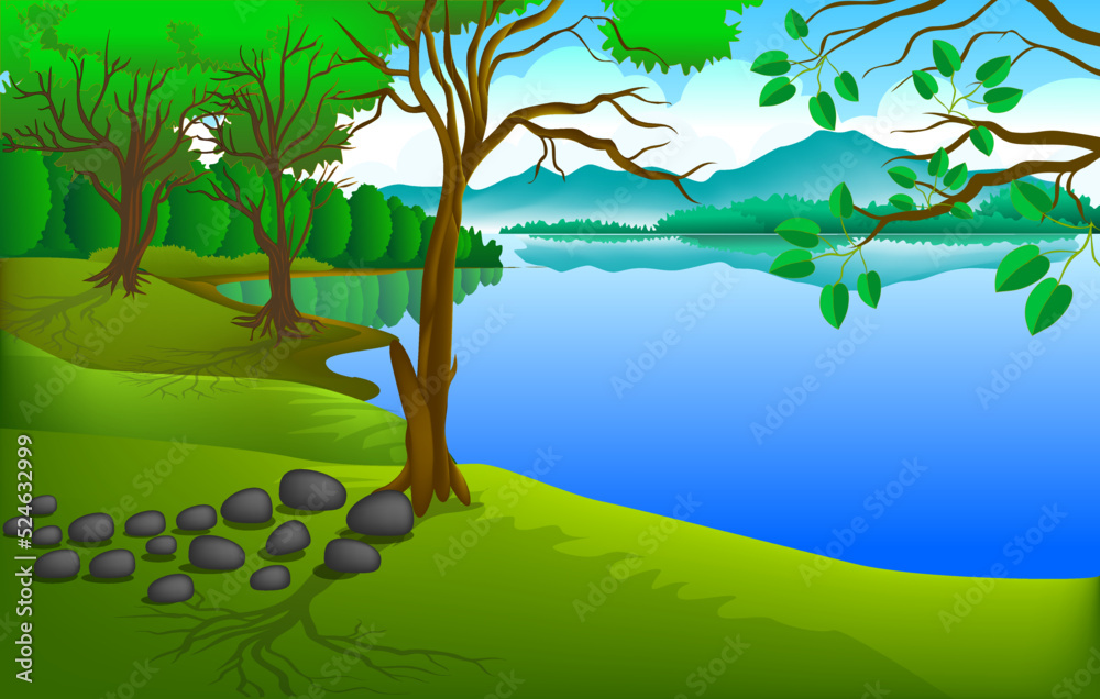 Beautiful lakeside natural scenery, vector illustration consisting of ...