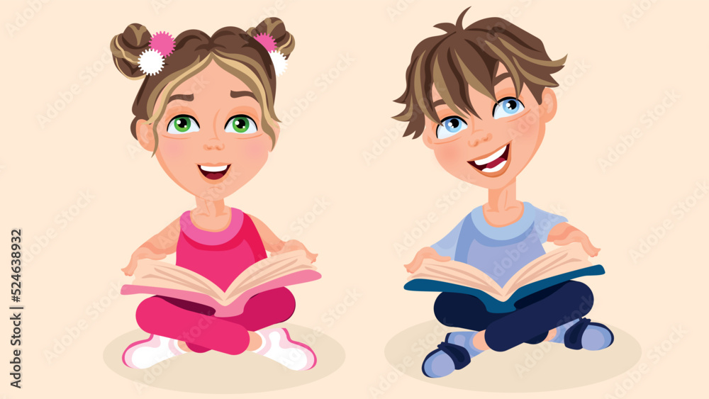 Cartoon character of cute and happy little kids reading book and ...