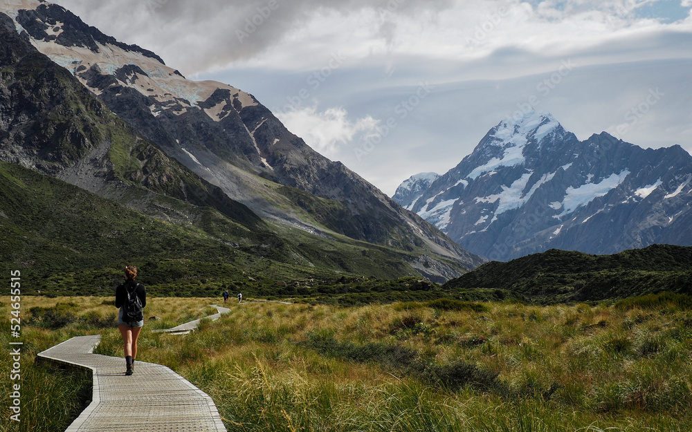 Mount Cook, Aoraki, New Zealand. Young woman walking along a wooden ...