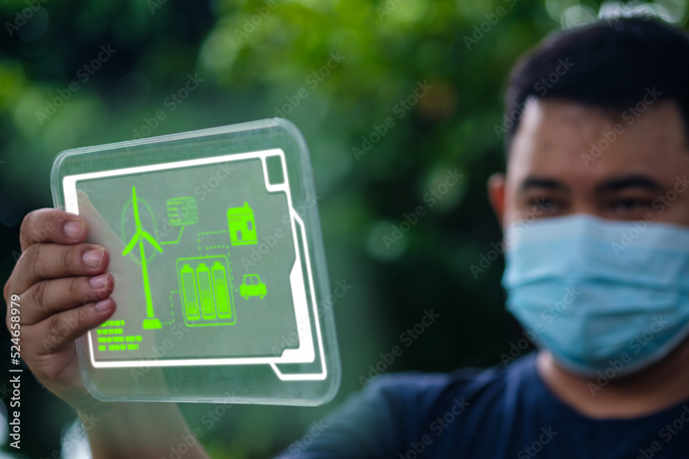 Hand holding a futuristic digital tablet with future innovative ideas ...