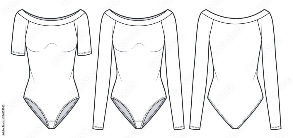 Set off shoulders Bodysuit technical fashion illustration. Women's ...