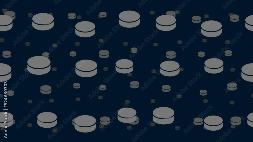 Hockey pucks float horizontally from left to right. Parallax fly effect ...