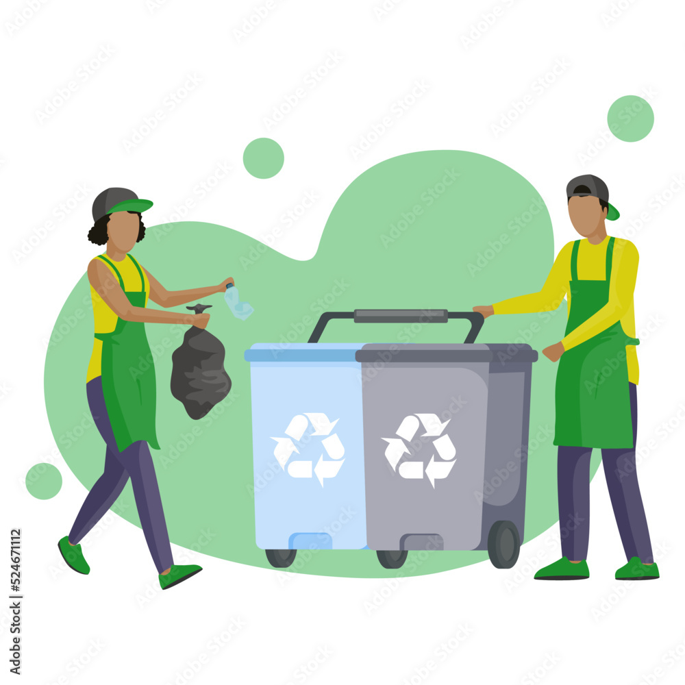 People throw garbage into the trash can. Characters sort garbage. The ...