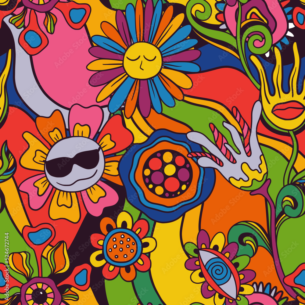 Vector retro colorful psychedelic seamless pattern in 1970s style Stock ...