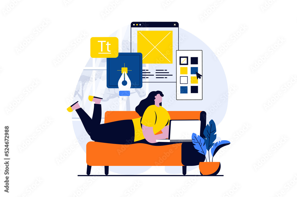 Ui ux design concept with people scene in flat cartoon design. Woman ...