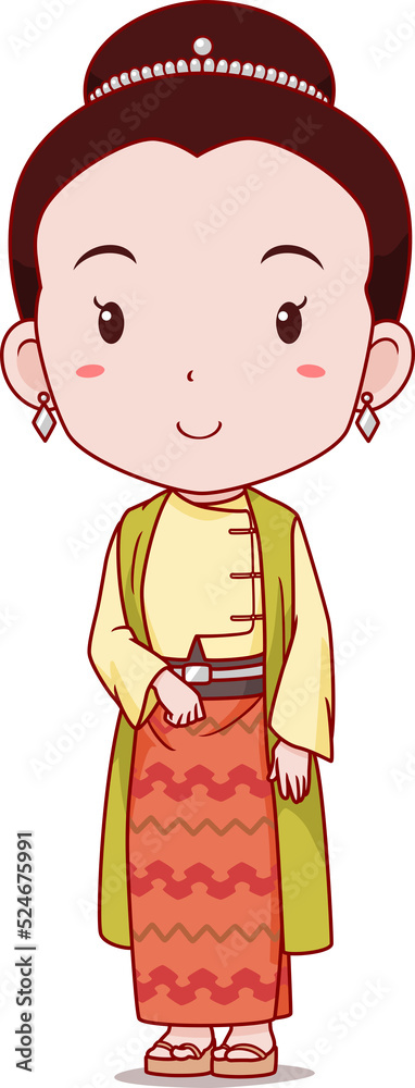 Cartoon Myanmar Woman In Traditional Costume Stock Illustration Adobe Stock