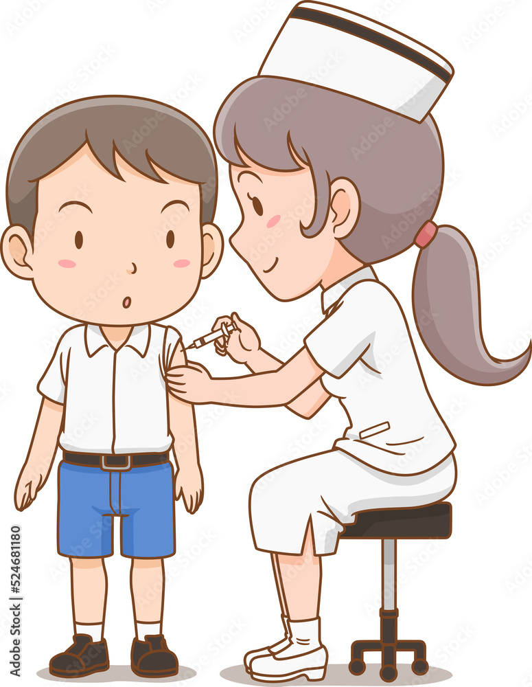 Cartoon illustration of nurse giving an injection to student boy. Stock ...