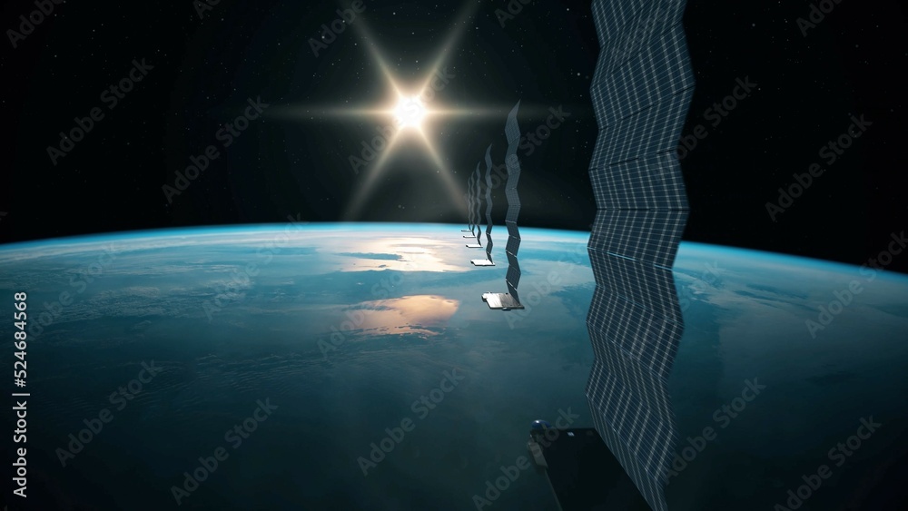 Silhouette view of a fleet of Internet starlink satellites in orbit ...