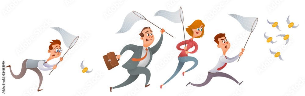 A group of people, probably businessmen, are catching flying money with ...