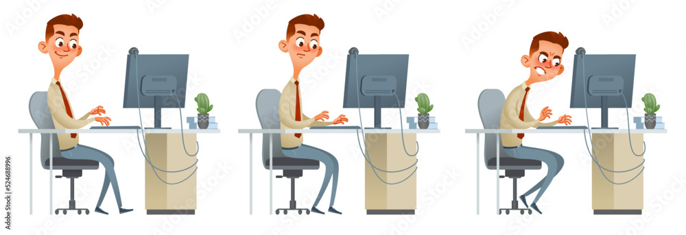 Set of funny office worker or businessman working online on a computer ...