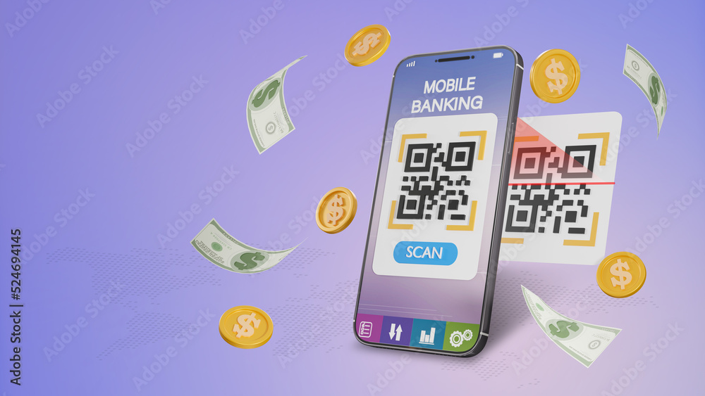 3D rendering of qr code scanning and mobile phone online payment ...
