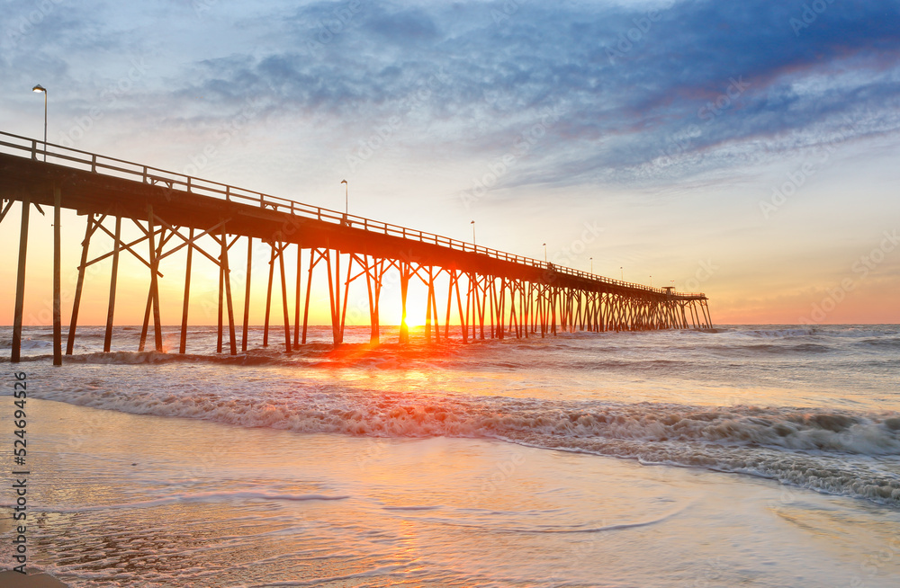 Kure Beach Fishing Pier at sun rise with colorful clouds, Kure Beach ...
