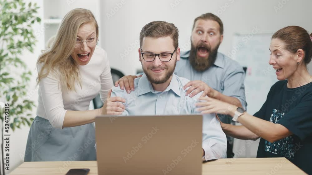 Successful moment of teamwork, happy colleagues waiting for result ... Successful moment of teamwork, happy colleagues waiting for result ...