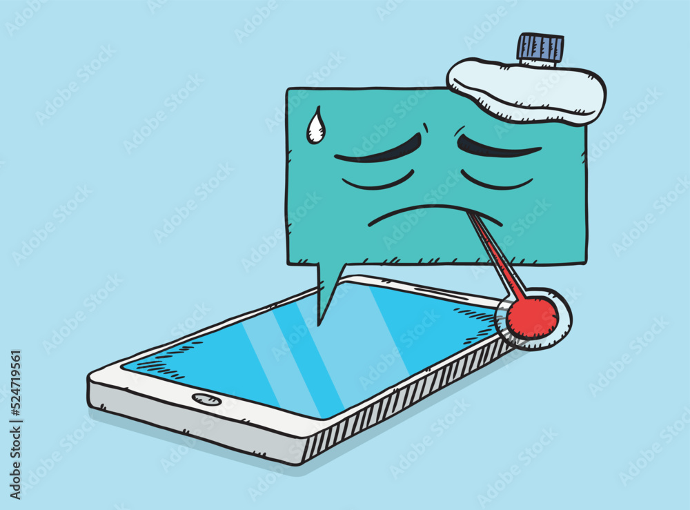 Colorful doodle illustration of sick mobile phone with thermometer and ...