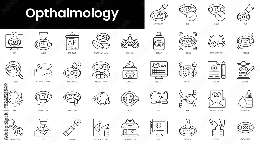 Vetor de Set of outline opthalmology icons. Minimalist thin linear web ...