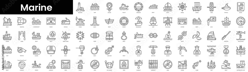 Set Of Outline Marine Icons Minimalist Thin Linear Web Icon Set Vector Illustration Stock