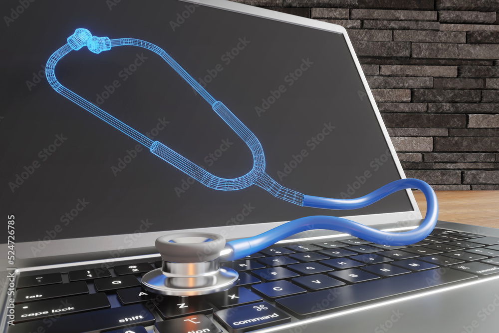 Digital stethoscope extending from the laptop screen into reality ...