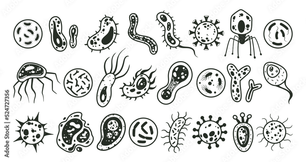 Bacteria and microbes, cartoon germs, microorganisms silhouettes ...