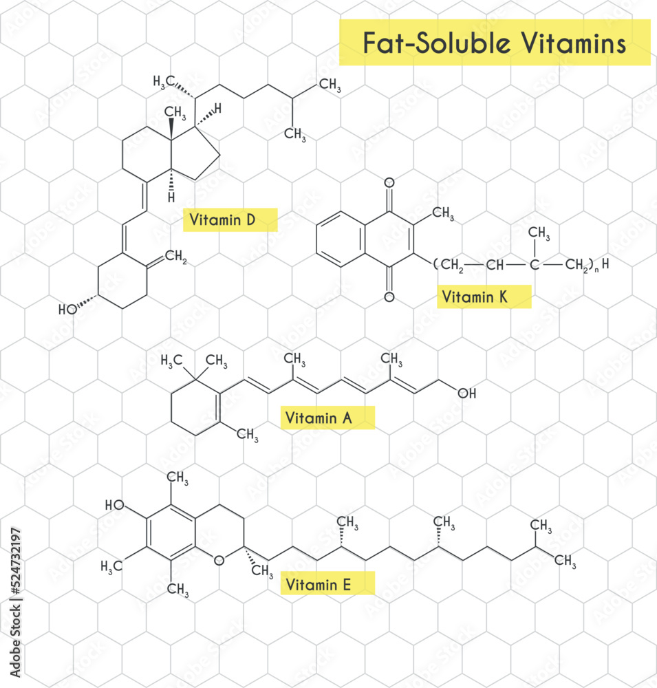 Chemical formulas of fat soluble vitamins a, d, k, e isolated on white ...