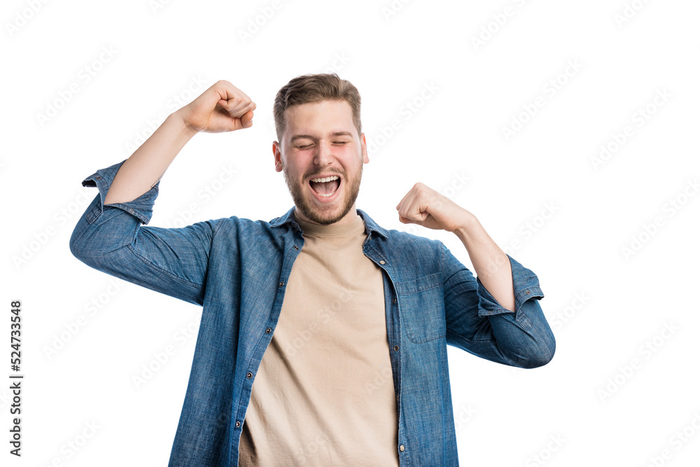 Happy caucasian man with closed eyes doing winner gesture while raising ...